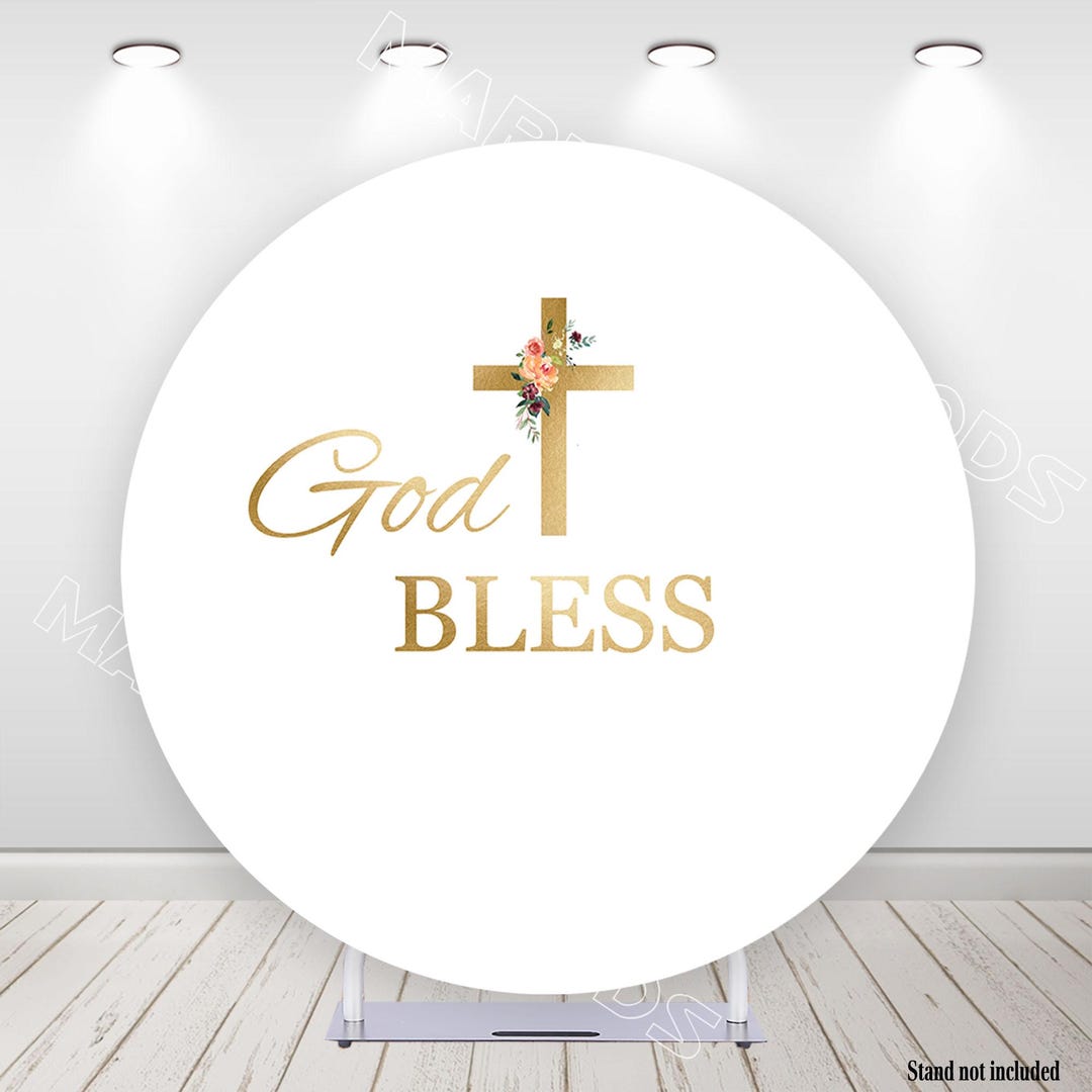 God Bless Round Backdrop Gold Cross Flowers Baby Shower Decoration ...