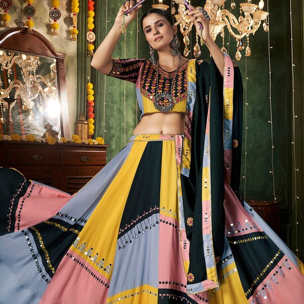 Yellow Navratri Specials Pure Cotton Gamthi Work Full Stitched Lehenga ...