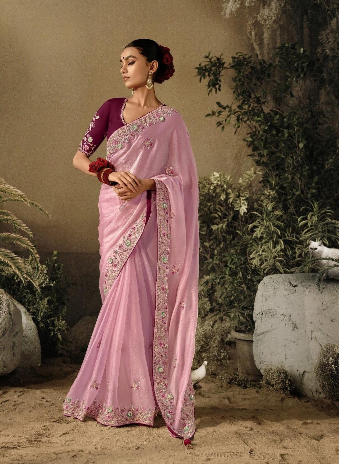 Lavender Embroidered Dola Silk Saree With Blouse Piece for Women ...