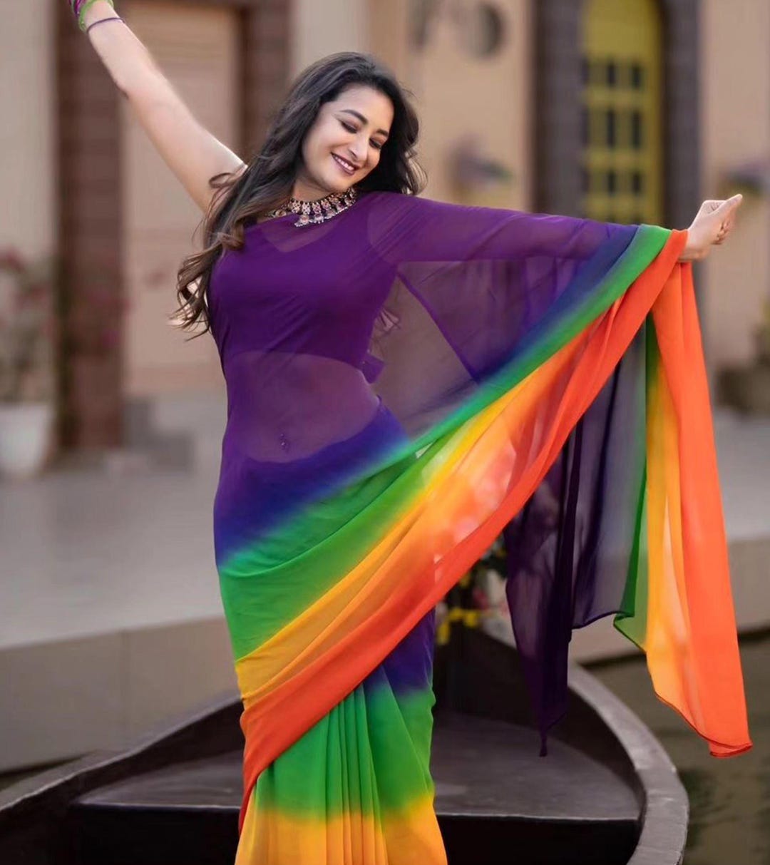 Purple Digital Print Georgette Saree for Women, Fancy Partywear Saree ...