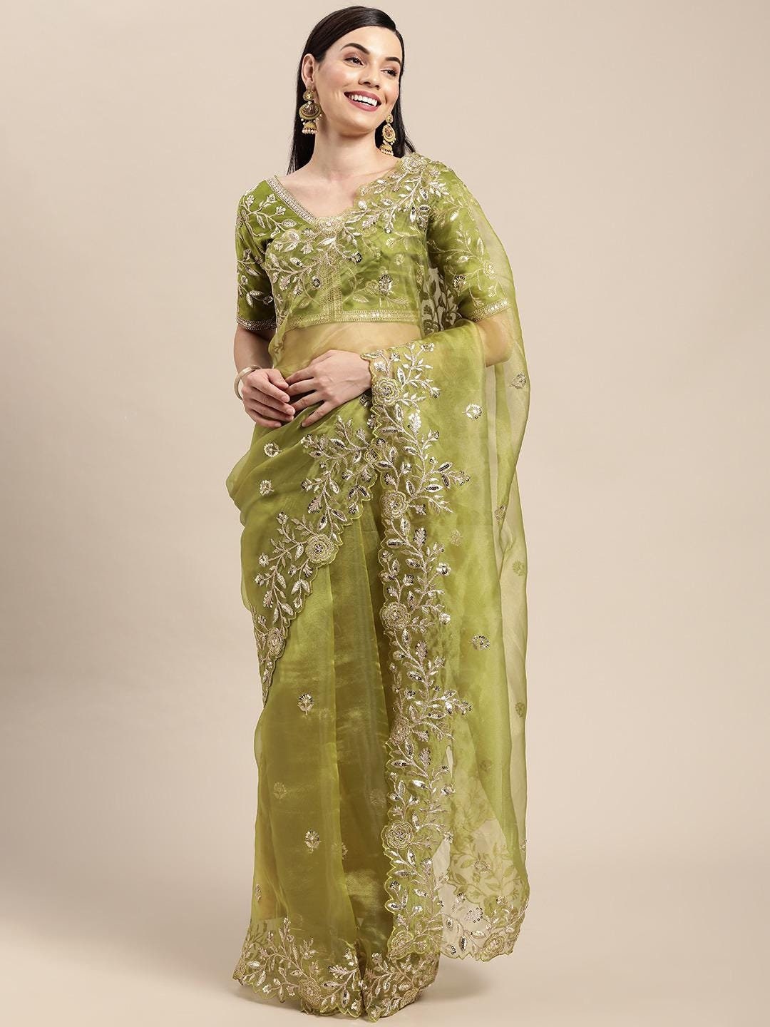 Parrot Green Organza Silk Embroidery Work Saree, Saree for Women ...