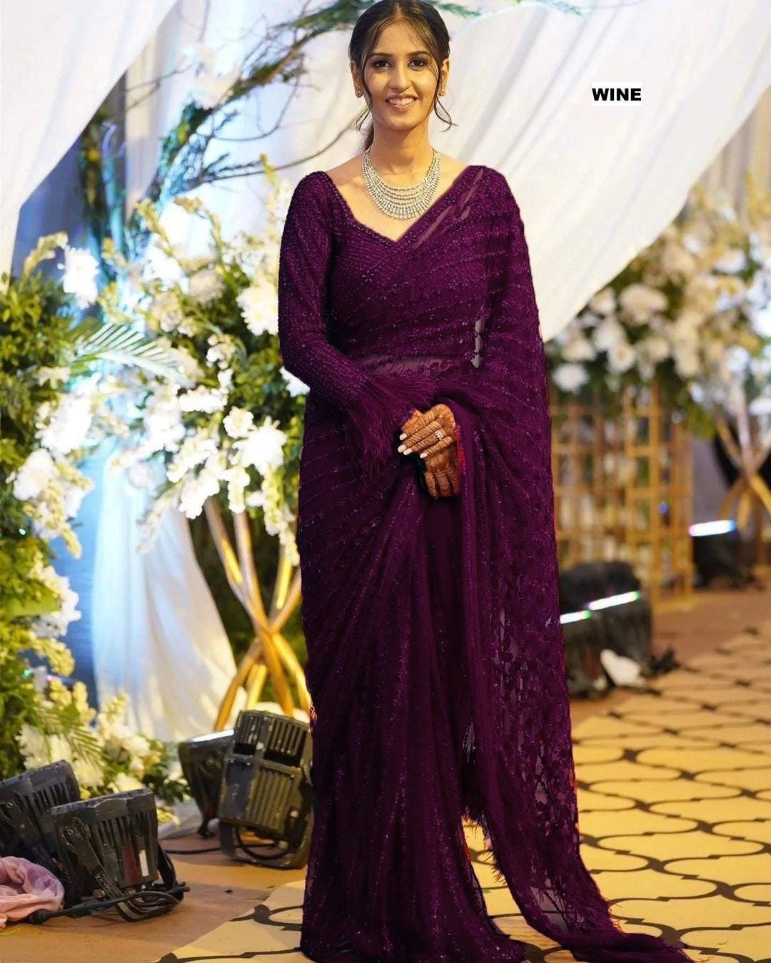 Wine Color Net Sequence Work Saree, Saree for USA Women, Designer Saree ...