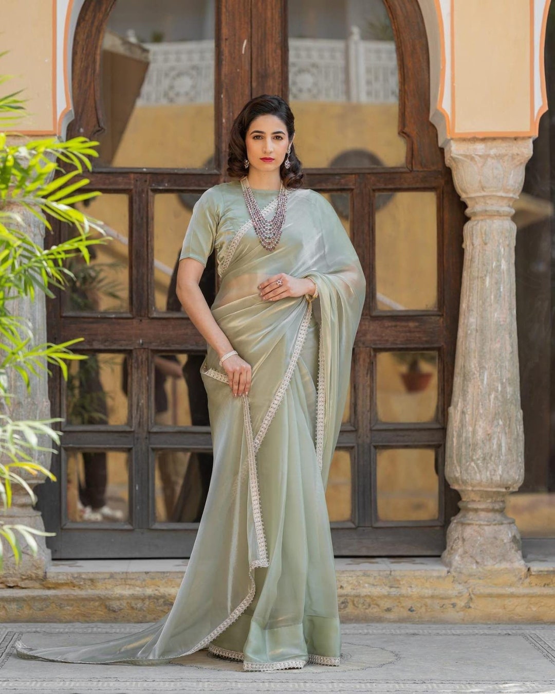 Light Sky Shiny Organza Festive Wear Saree for USA Women, Designer ...