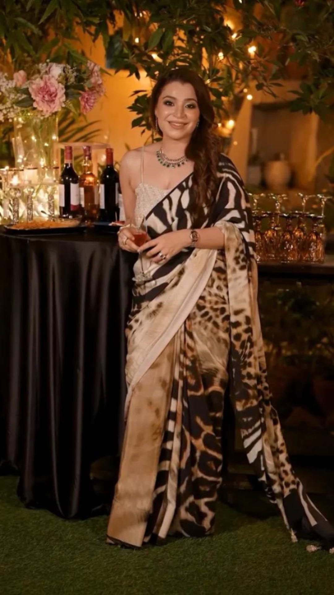 Elegant Beige Animal Print Vichitra Silk Party Wear Saree for USA Women ...