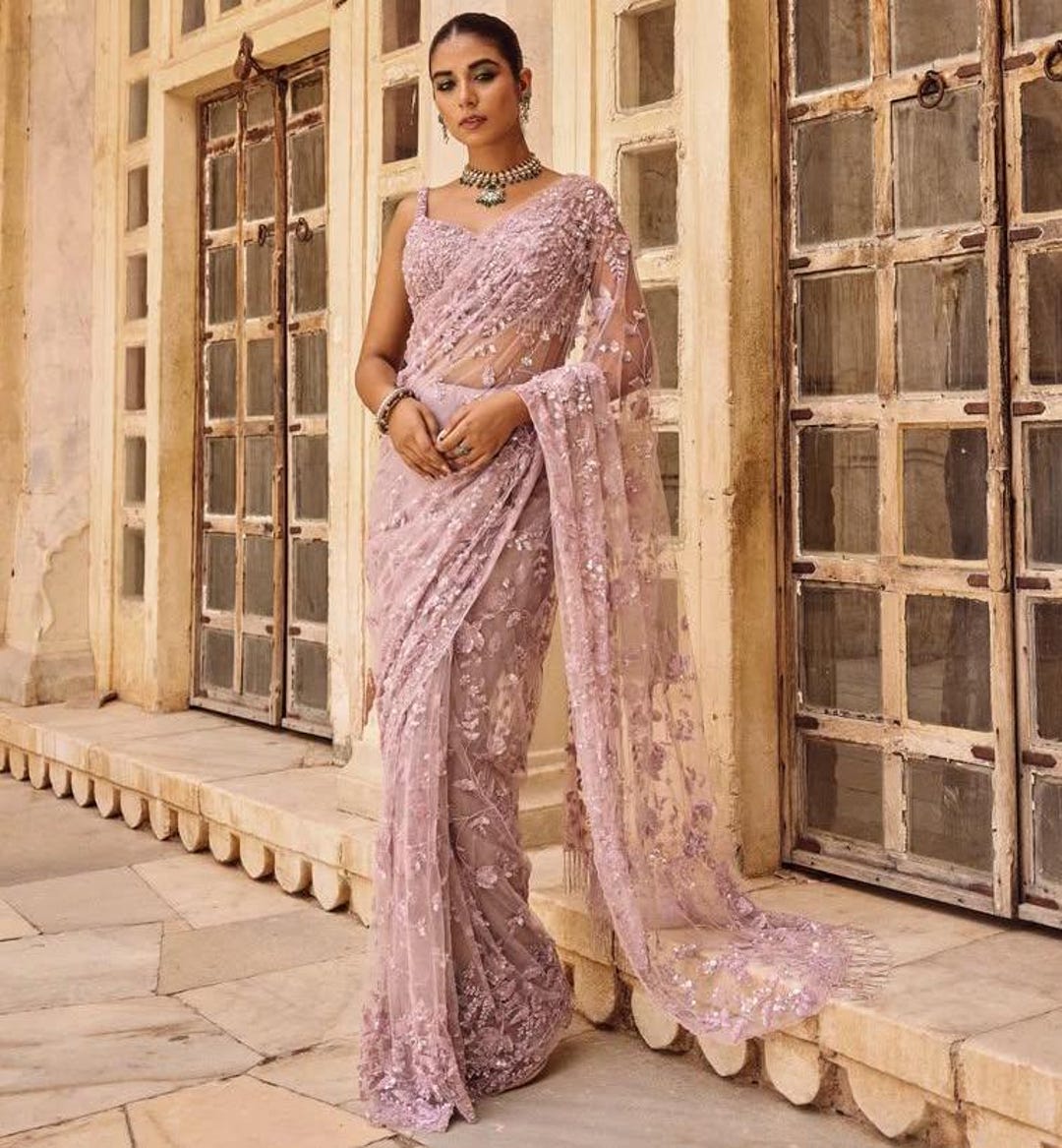 Lavender Embroidered Mono Net Saree With Blouse Piece for Women, 5mm ...