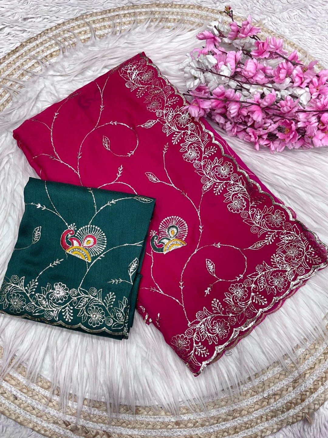 Trending Pink Embroidered Fandy Satin Festive Wear Saree for USA Women ...