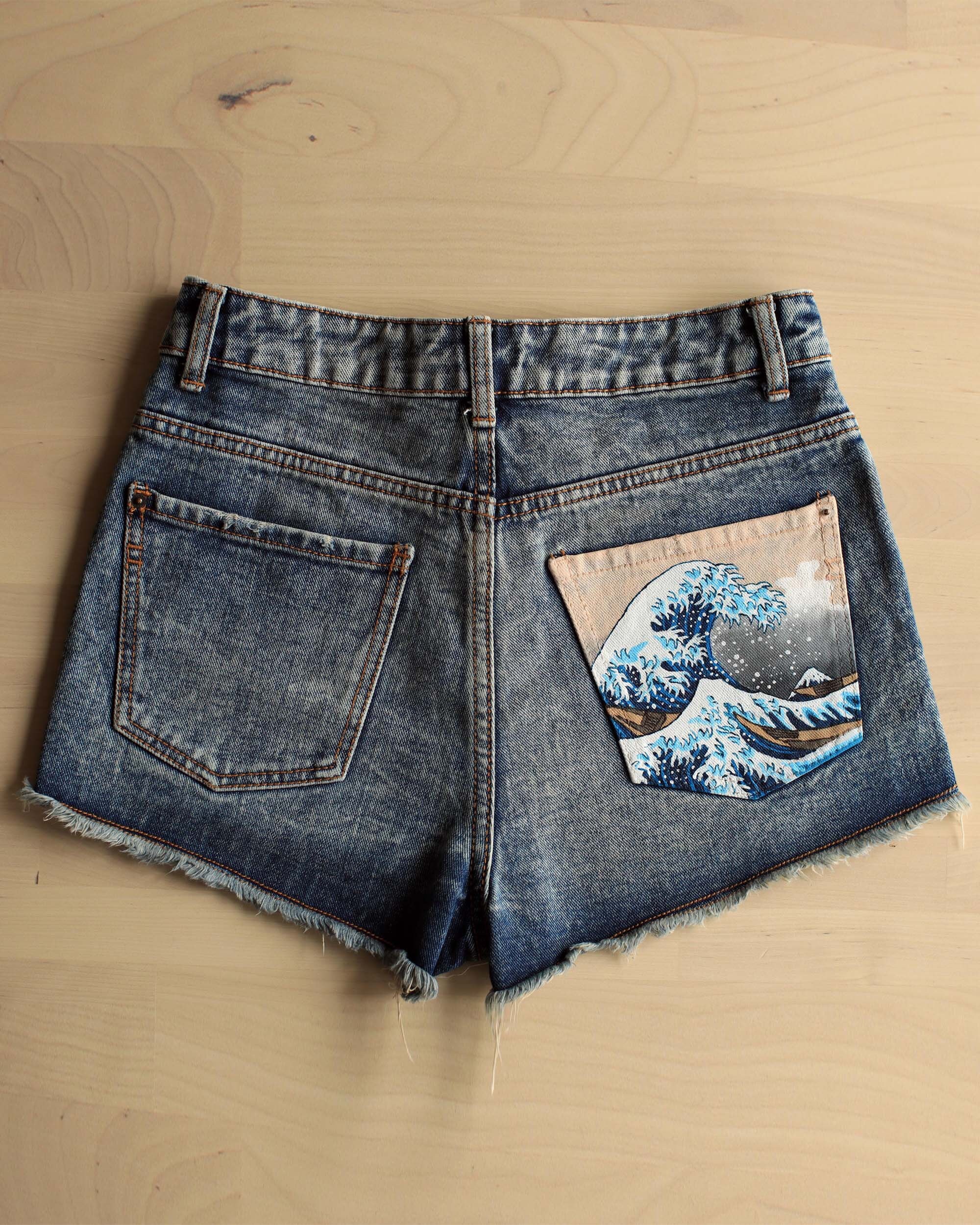 Hand-painted Denim Shorts - the Great Wave by Hokusai - Etsy