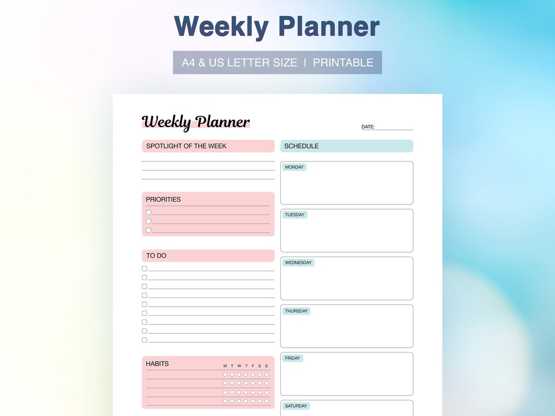 Weekly Planner Printable, Weekly Schedule, to Do List Weekly Organizer ...