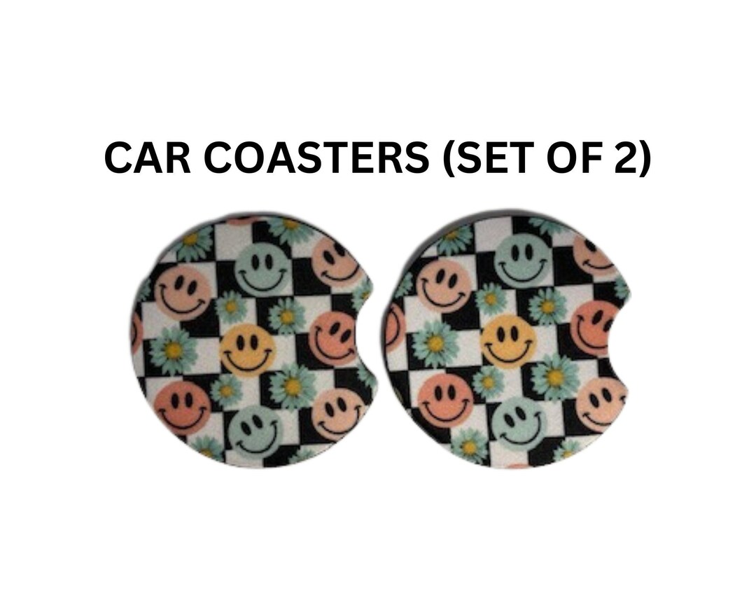 Smiley Face Car Coasters 2 Pack, Smiley Face Blue Yellow Orange Daisies ...