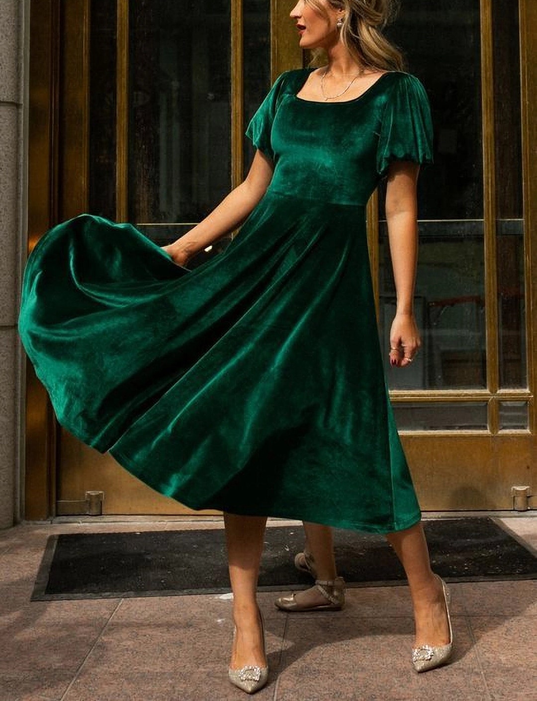 Emerald Green Velvet Midi Dress Women Velvet Dress Mid-calf Formal ...