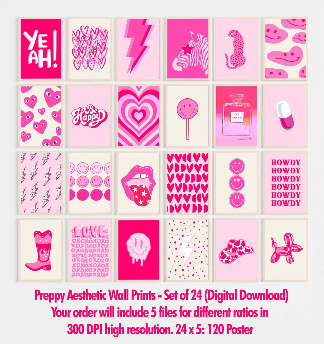 Preppy Aesthetic Wall Prints Set of 24 Preppy Pink Print Digital Poster Pink Wall Art Collage ...