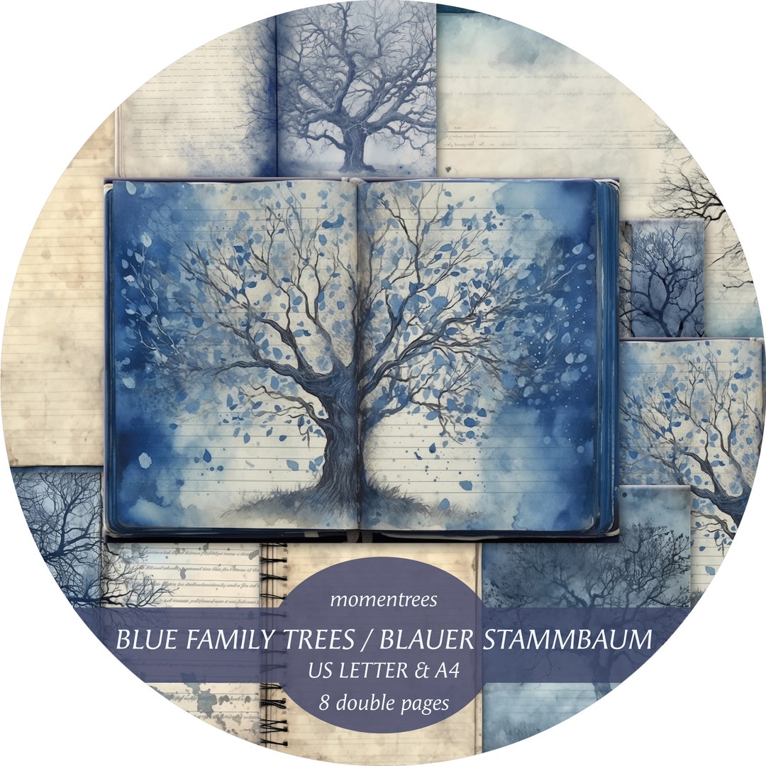 Blue Family Trees Digital Paper: Vintage Journal Kit (A4/US Letter ...