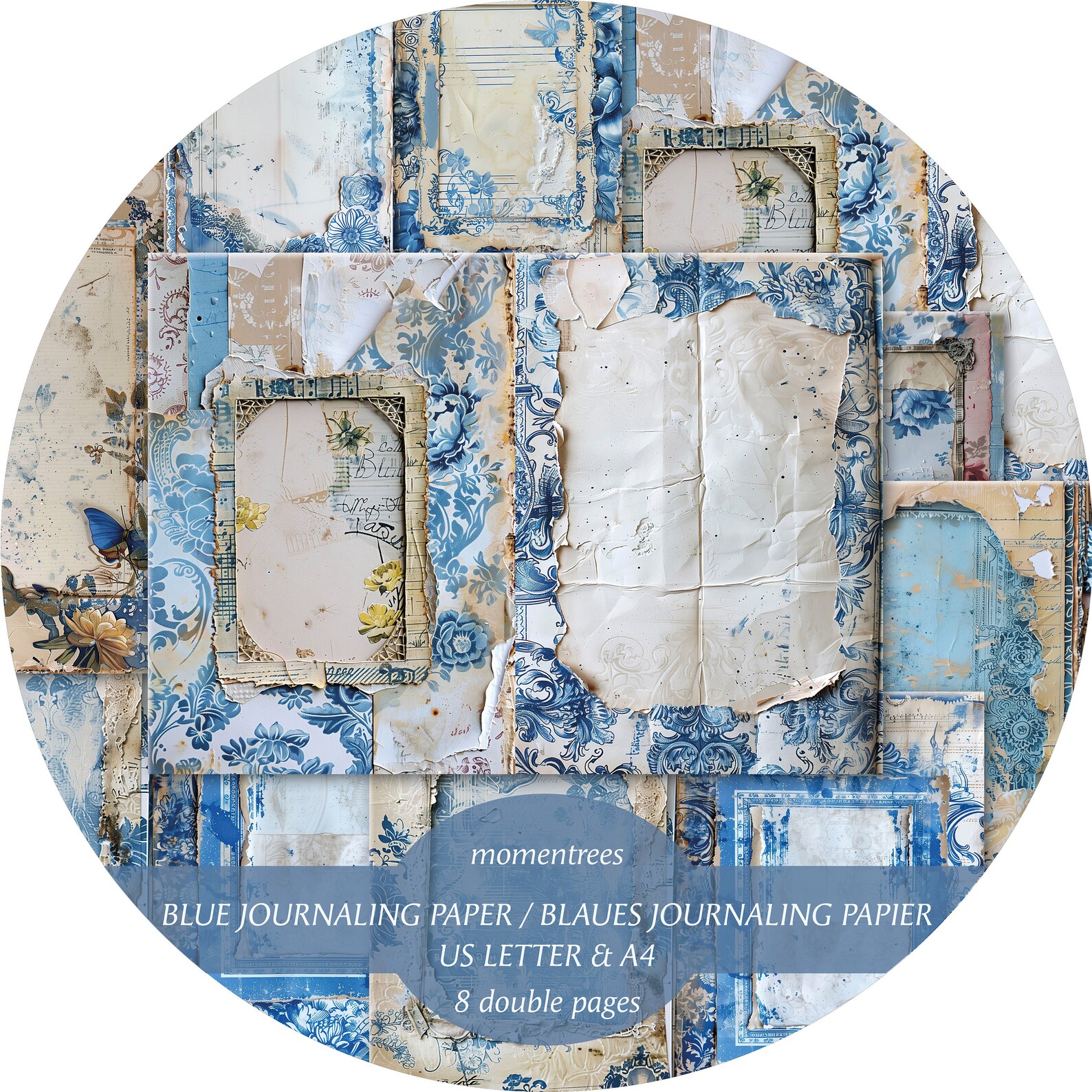 Blue Journaling Paper, Paper Frames, Wallpapers, Digital Junk Journal ...
