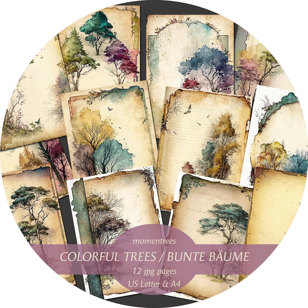 Colorful Trees Journal Kit: Vintage Ephemera, Scrapbook Paper (digital ...