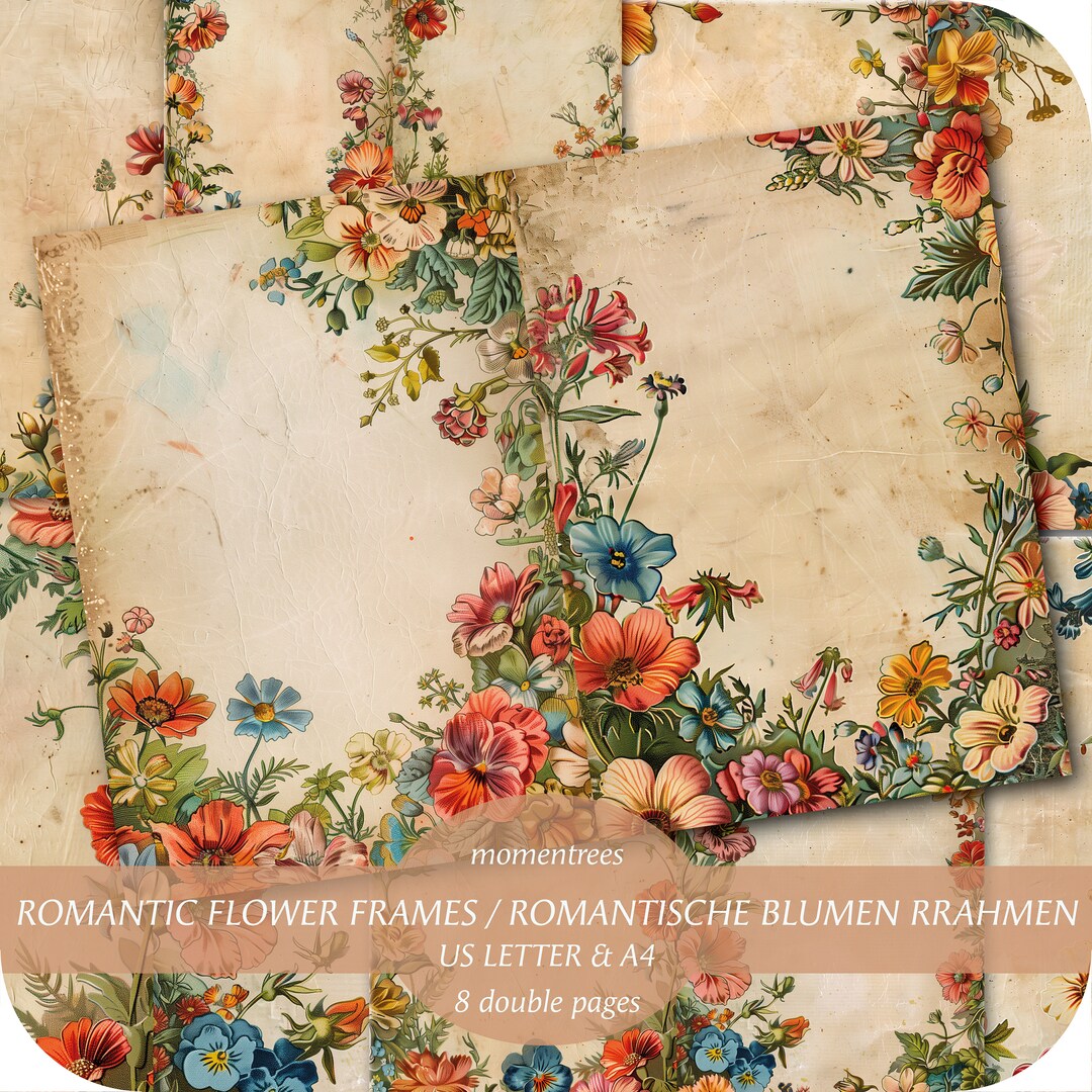 Romantic Flower Frames: Vintage Ephemera, Junk Journal Kit (digital ...