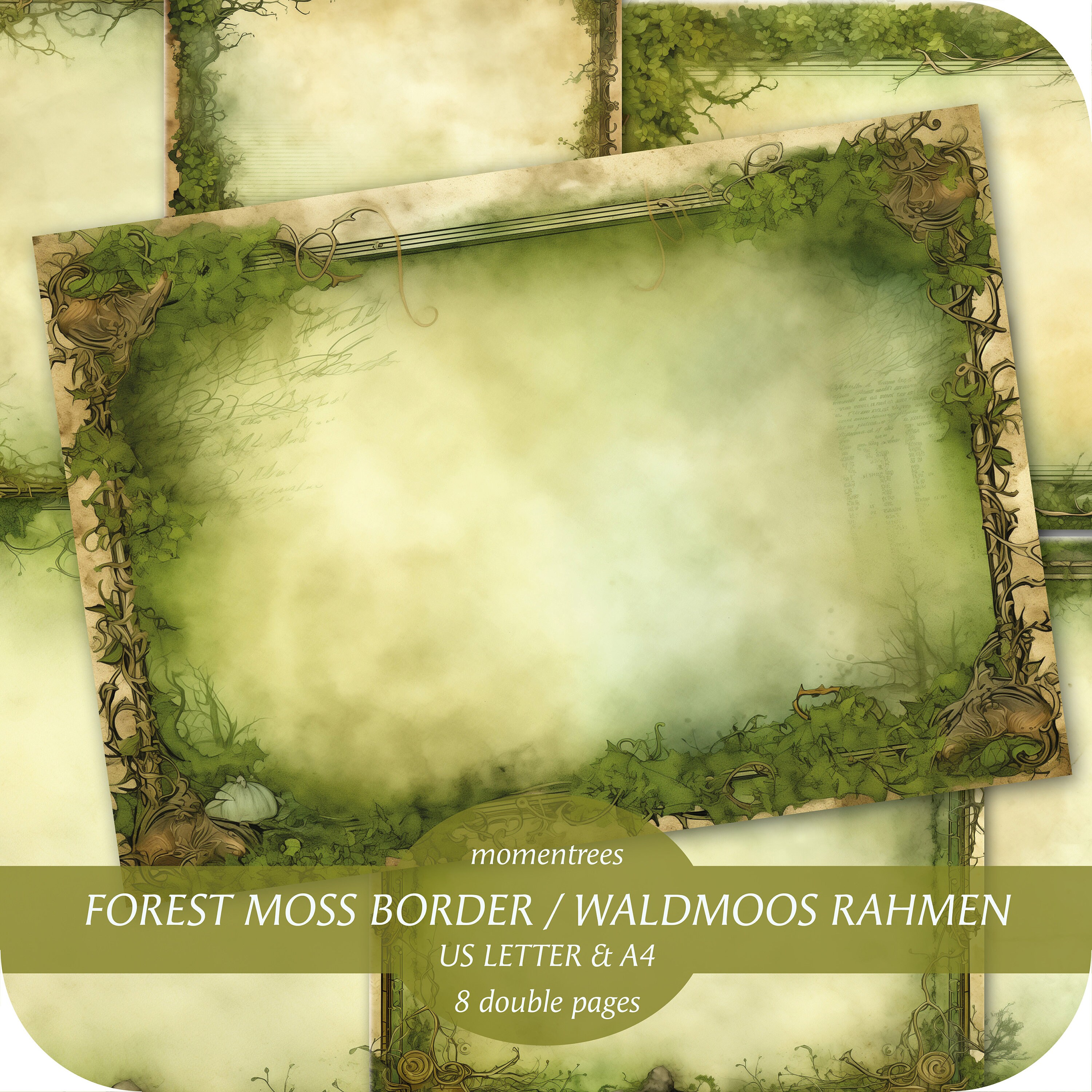 Forest Moss Border Digital Paper: Junk Journal Kit (A4 & US Letter ...