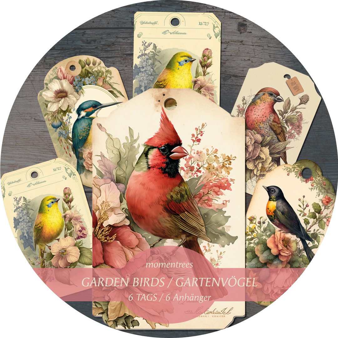 Vintage Flower Garden Birds Tag, Gift Shabby Chic Floral Ephemera ...