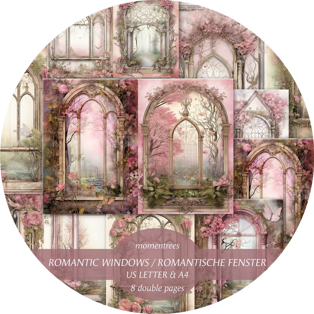 Romantic Windows Digital Beautiful Old Vintage Papers Ornaments Trees ...