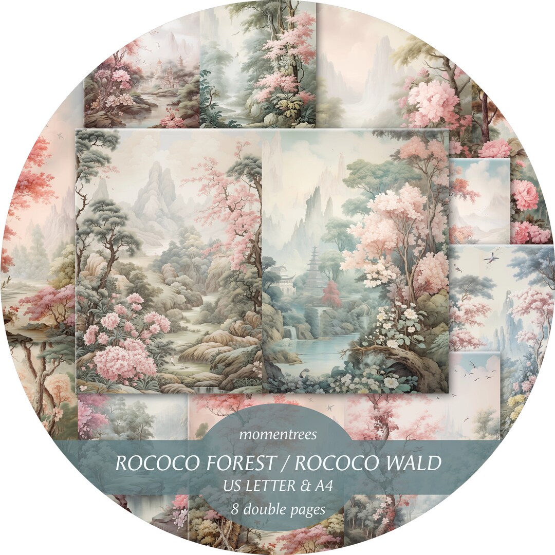 Rococo Forest, Pink Trees, Chinese Garden, Digital Paper, Junk Journal ...