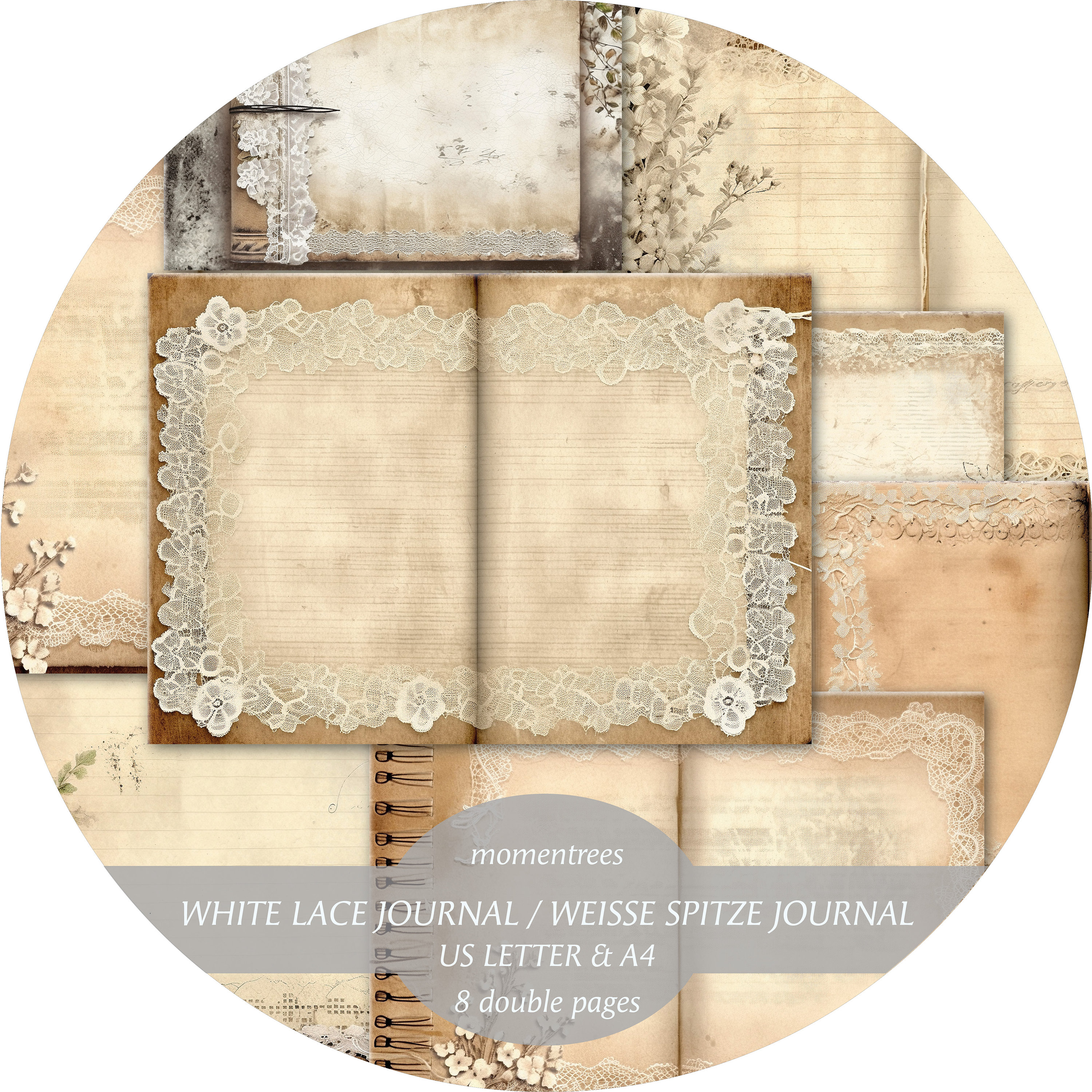 White Lace Journal Digital Vintage Papers Old Book Pages - Etsy