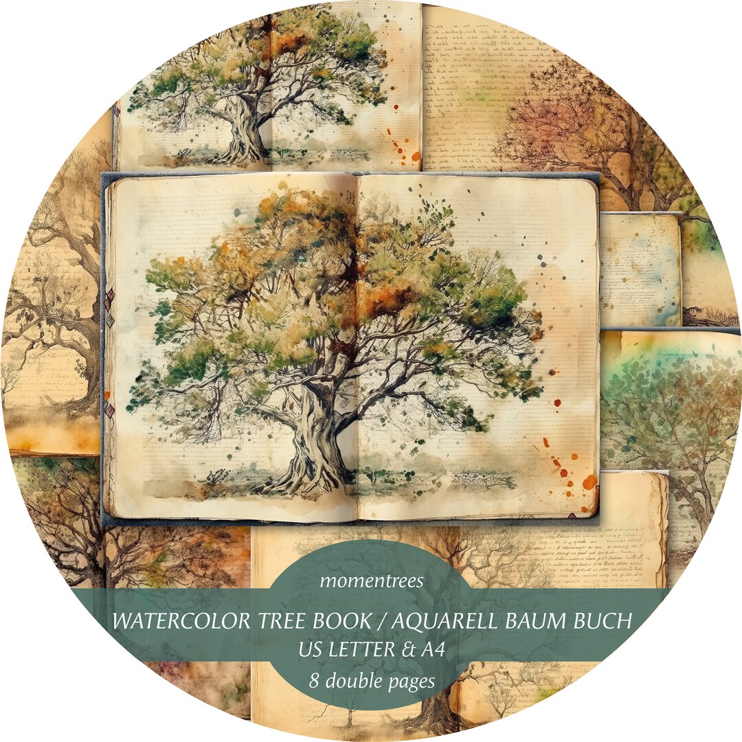 WATERCOLOR TREE BOOK Digital Paper, Download Vintage Stationery Journal ...