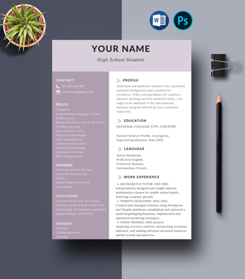 CV Template for High School Students - Etsy