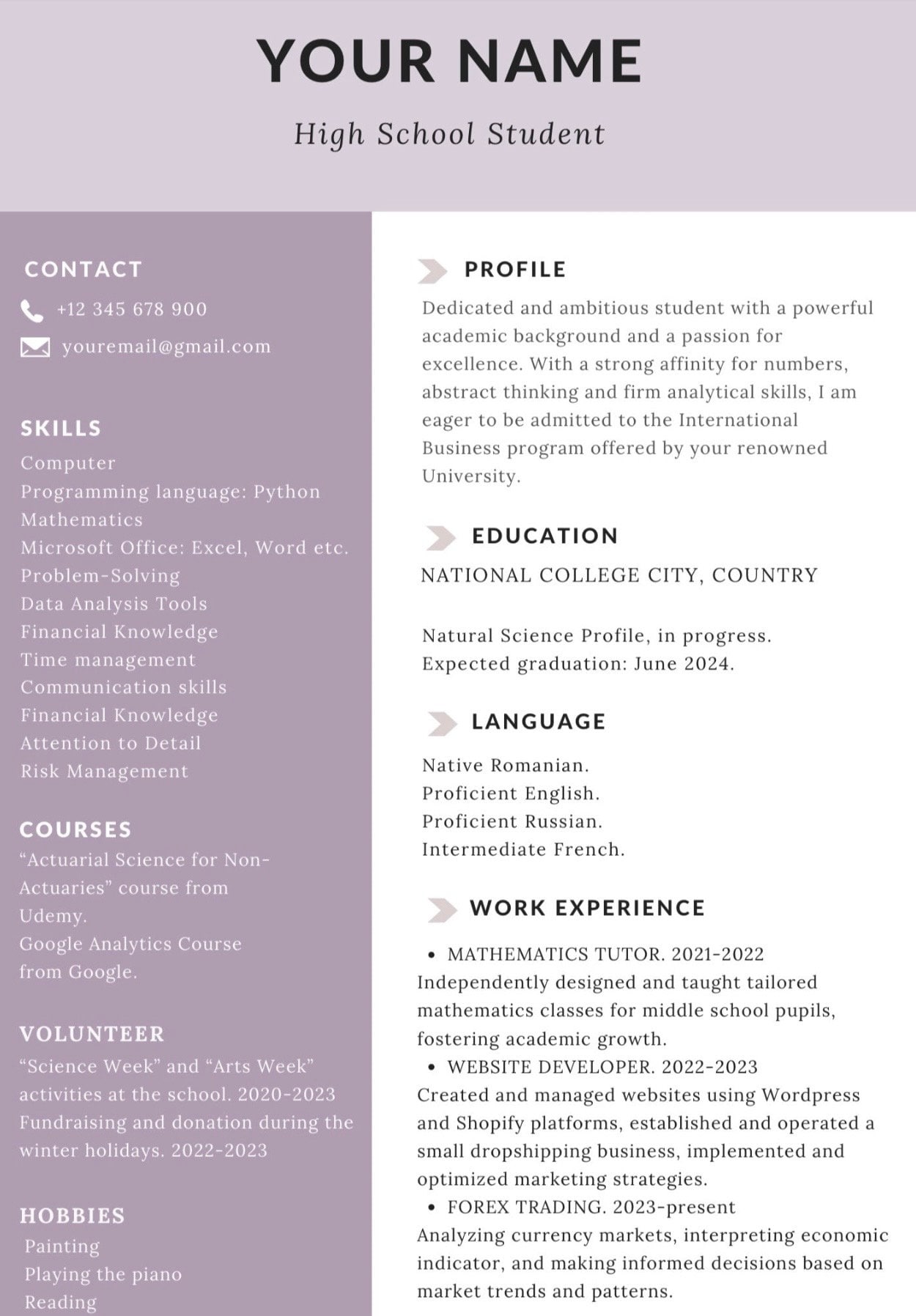 CV Template for High School Students - Etsy