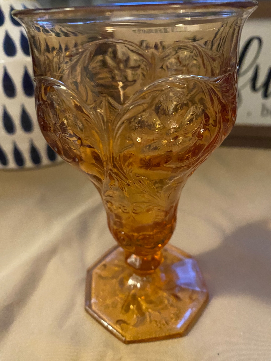 Vintage Marigold Color Carnival Glass Pedestal Goblet, Embossed Floral ...