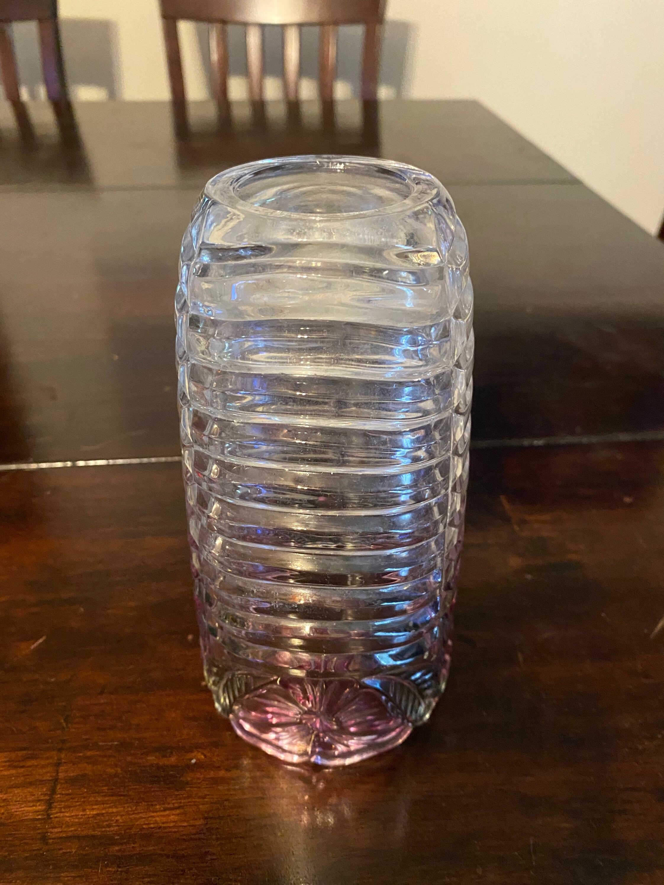 Gorgeous Wavy Ridged Crystal Vase With Hand Cut Pink Glass Flowers ...