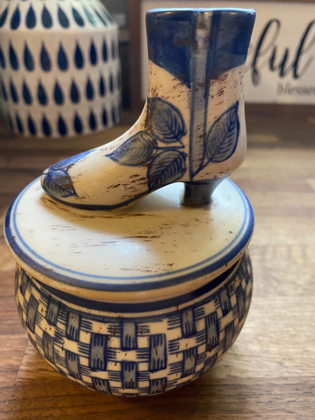 Blue Trinket Dish, Jar, With Ornate Boot Jar Lid. - Etsy