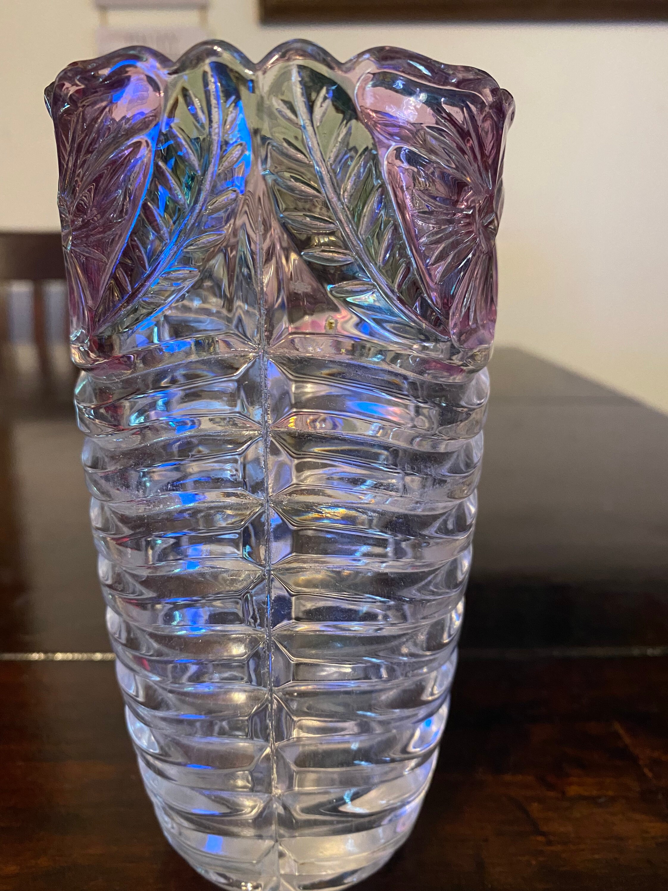 Gorgeous Wavy Ridged Crystal Vase With Hand Cut Pink Glass Flowers ...