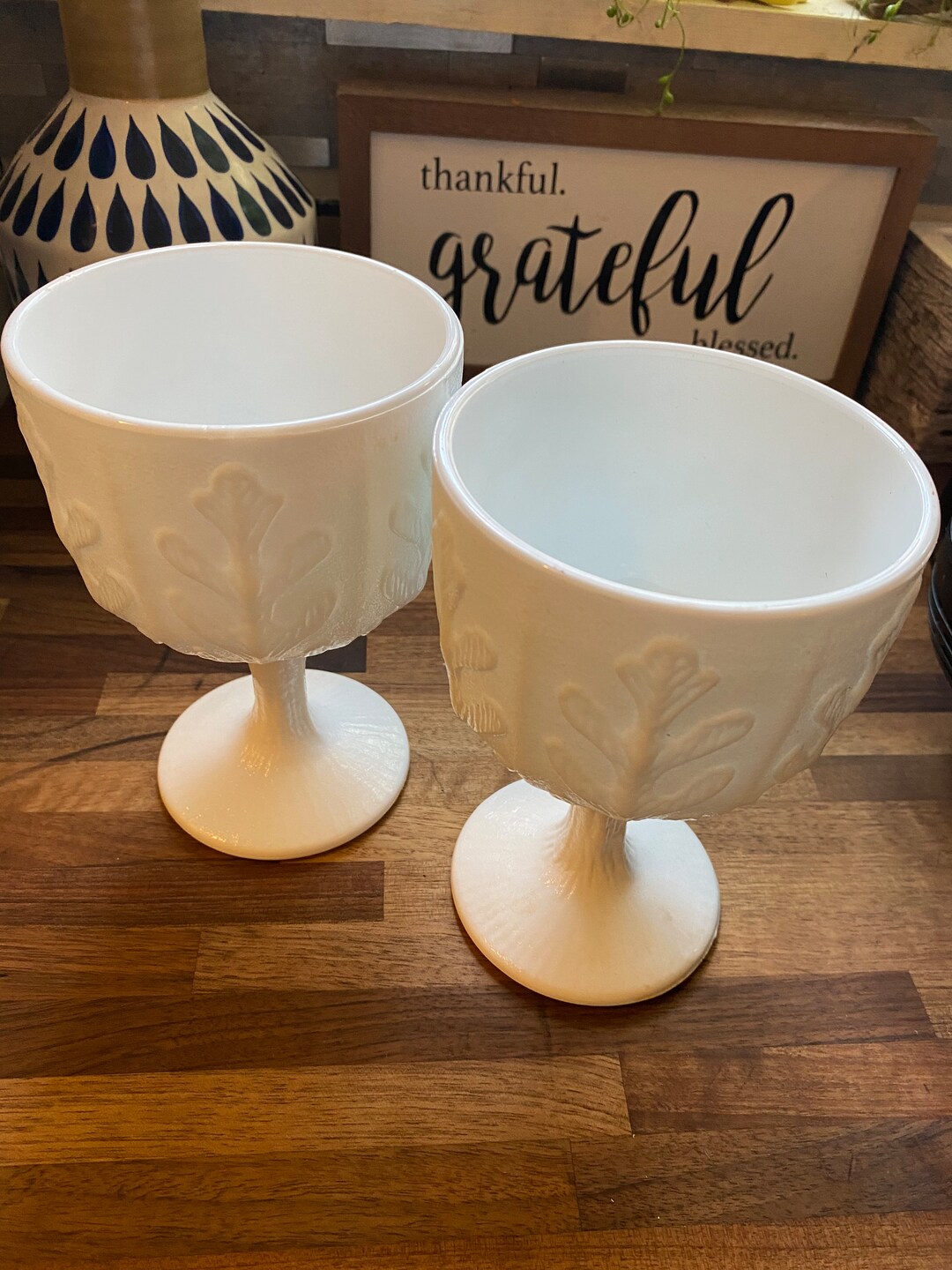 White Milk Glass Goblet/vases With Floral Stem Embossing, Set of 2 - Etsy