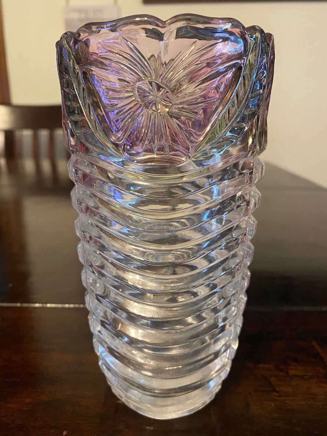 Gorgeous Wavy Ridged Crystal Vase With Hand Cut Pink Glass Flowers ...