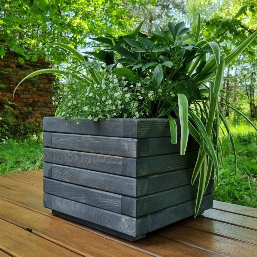 Square Planter for Flowers, Wooden Pot for Outdoor, Natural Flower ...