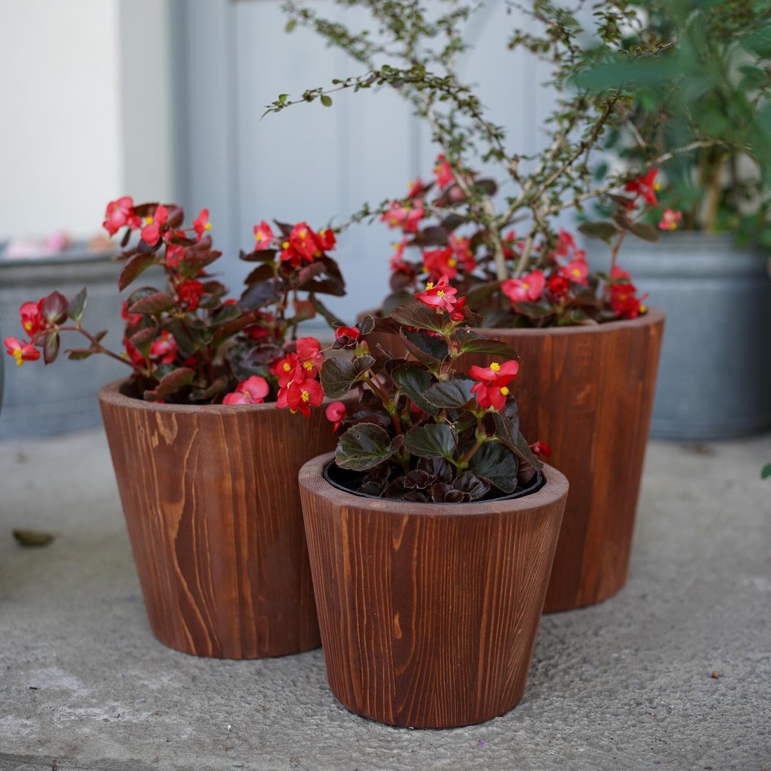 Rustic Wooden Flower Pot Set of 3, Natural Planters for Outdoor Decor ...