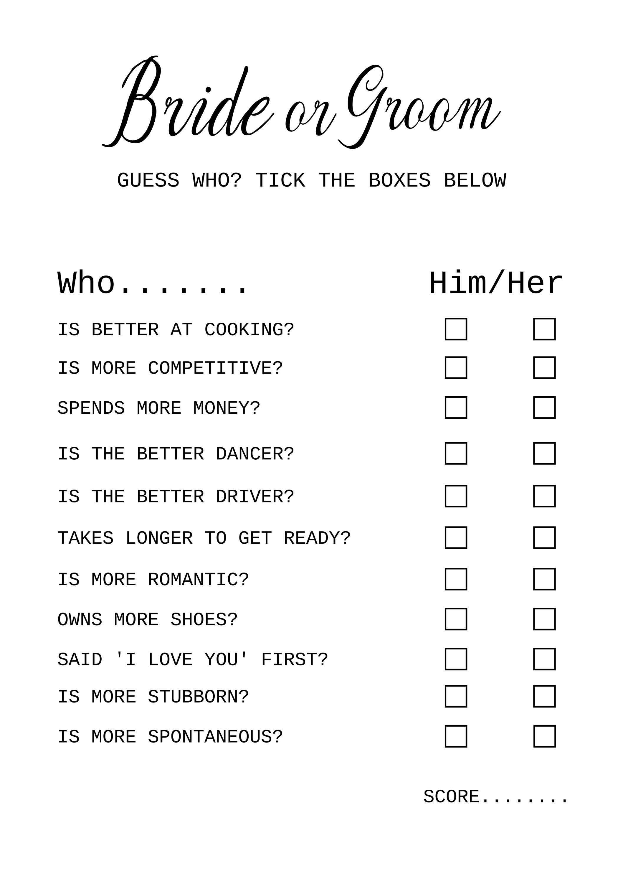 Wedding Party Game Template Bride or Groom Game Digital - Etsy