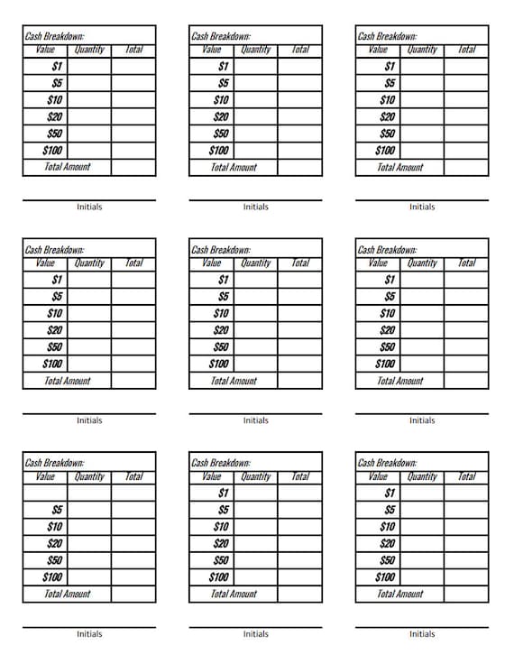 Cash Breakdown Sheet printable | Etsy