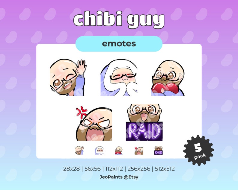 Chibi Bald Guy With Brown Eyes Glasses & Beard Emotes for Streaming ...