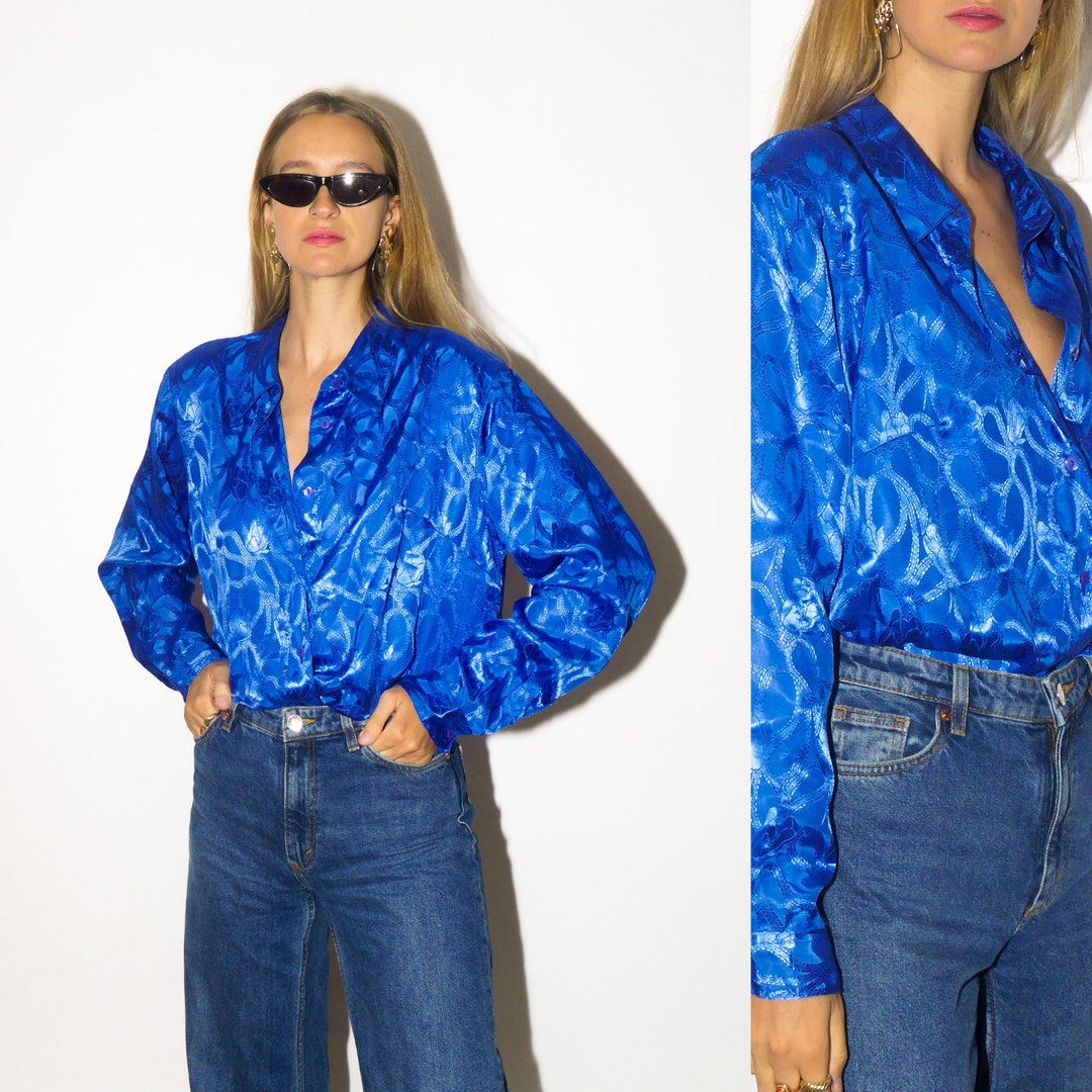 VINTAGE Blouse From 1980s in Blue Color With Black Floral Pattern ...