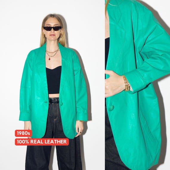 VINTAGE green leather jacket from 1980s, retro oversi… - Gem