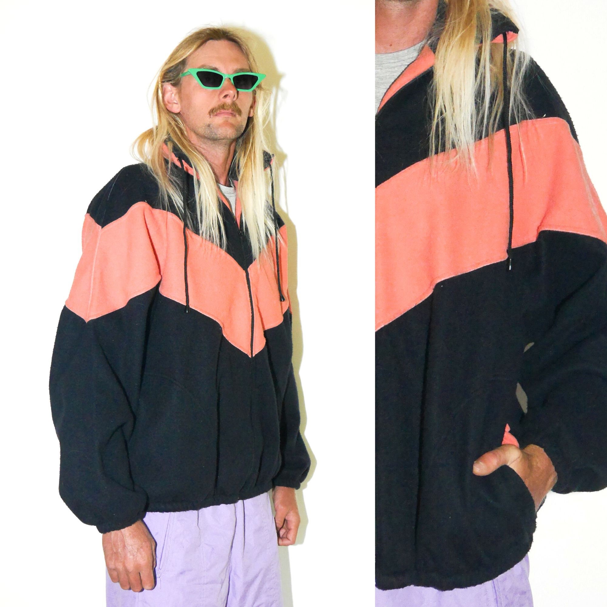 1980s Vintage Zippered Fleece Pink and Black Retro Pullover Mens ...