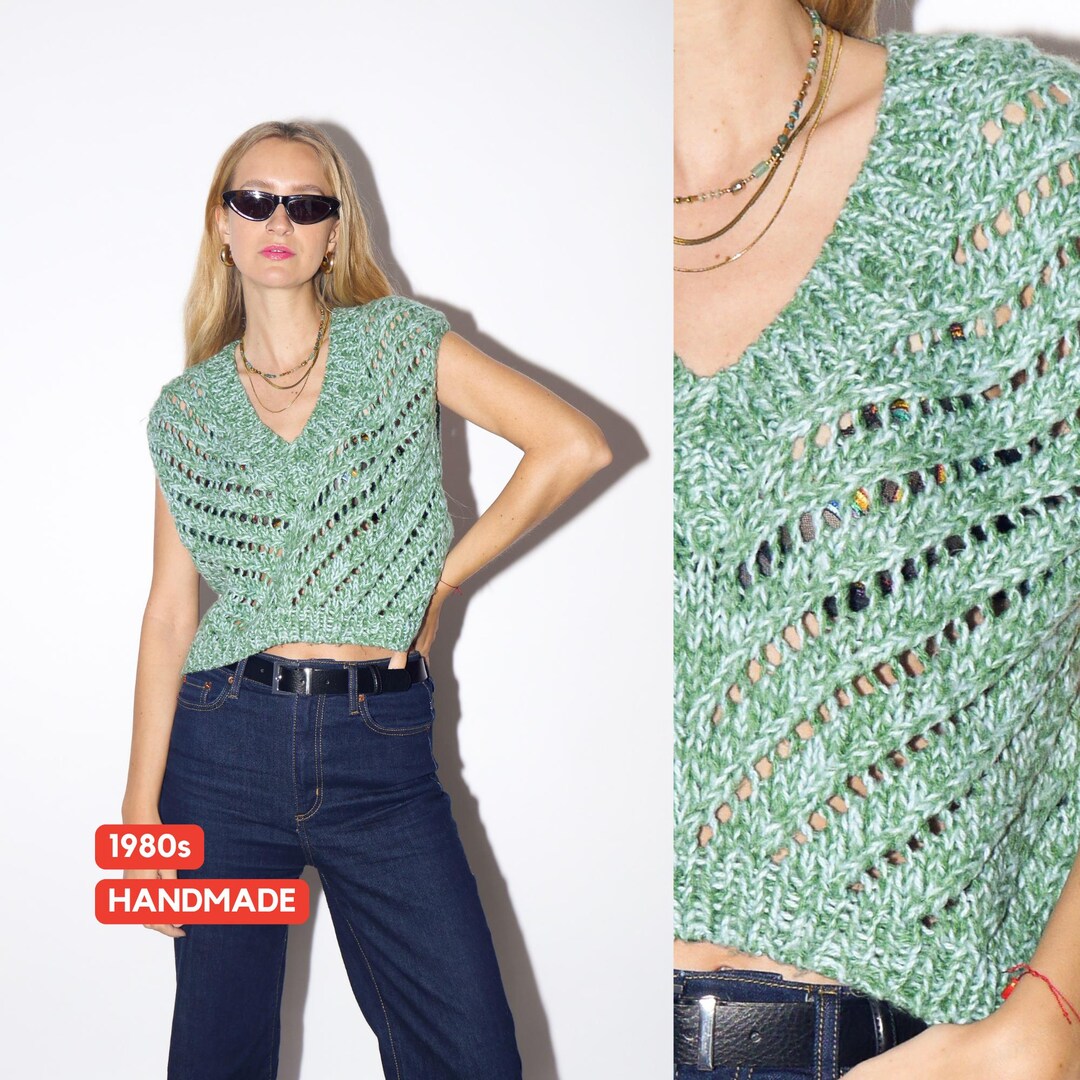 VINTAGE Knit Vest From 1980s | Handmade Cropped Green Knitted Vest With ...