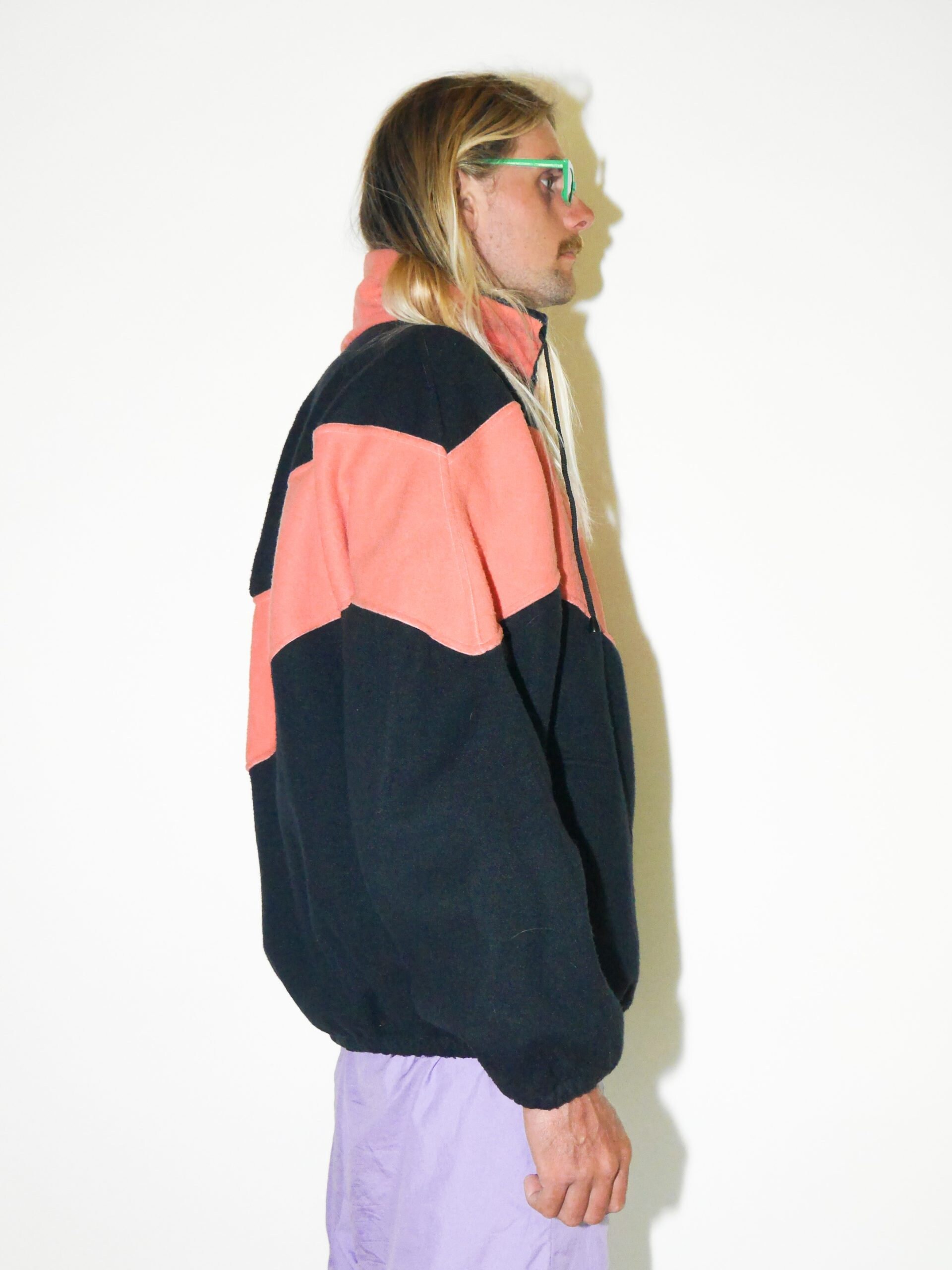 1980s Vintage Zippered Fleece Pink and Black Retro Pullover Mens ...