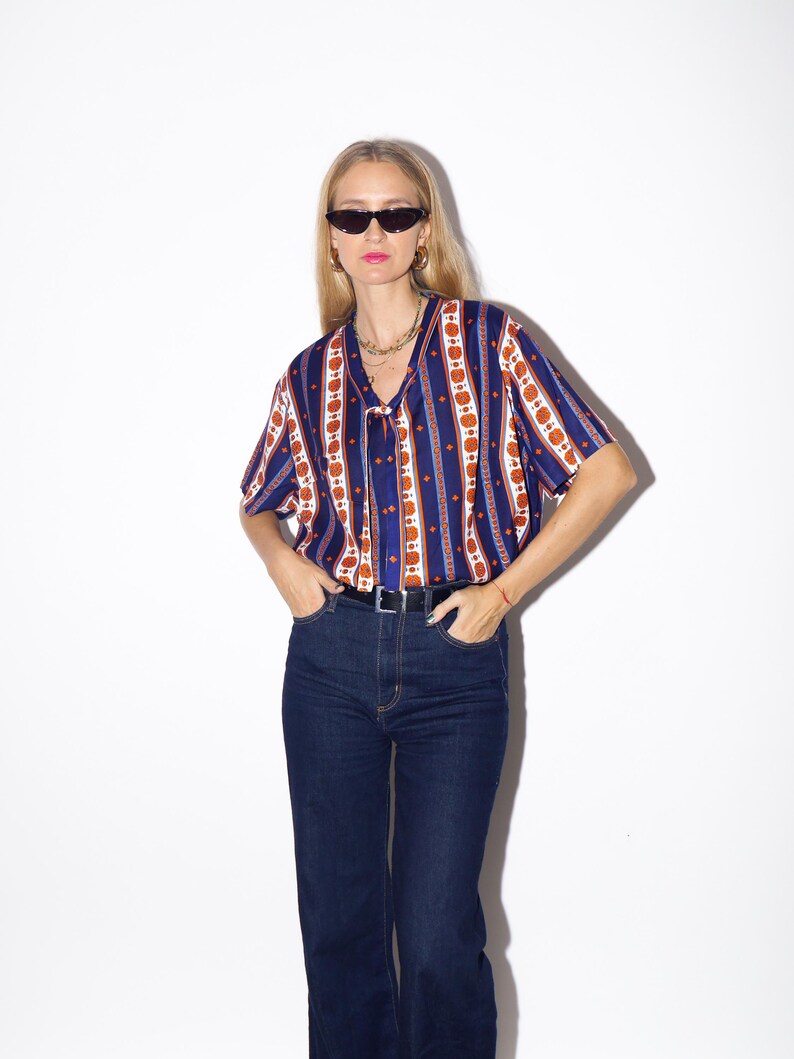 1970s Striped Blouse - Vintage Navy/orange/white Vertical Striped ...
