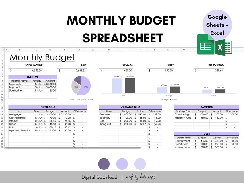 Monthly Budget Spreadsheet Google Sheets Microsoft Excel - Etsy