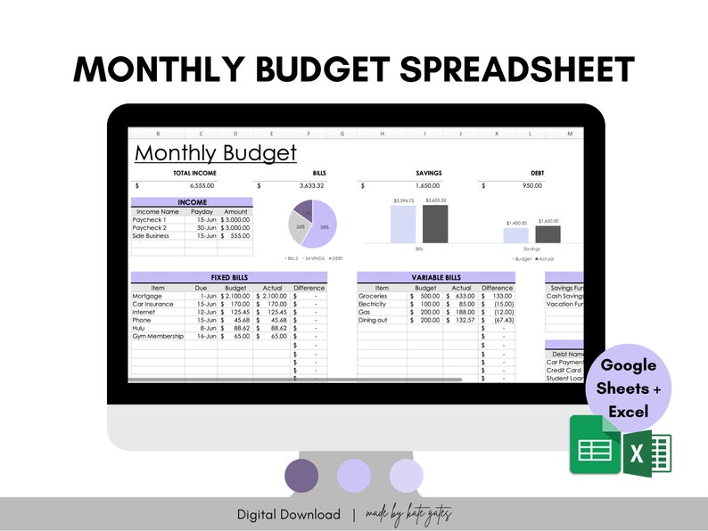 Monthly Budget Spreadsheet Google Sheets Microsoft Excel - Etsy
