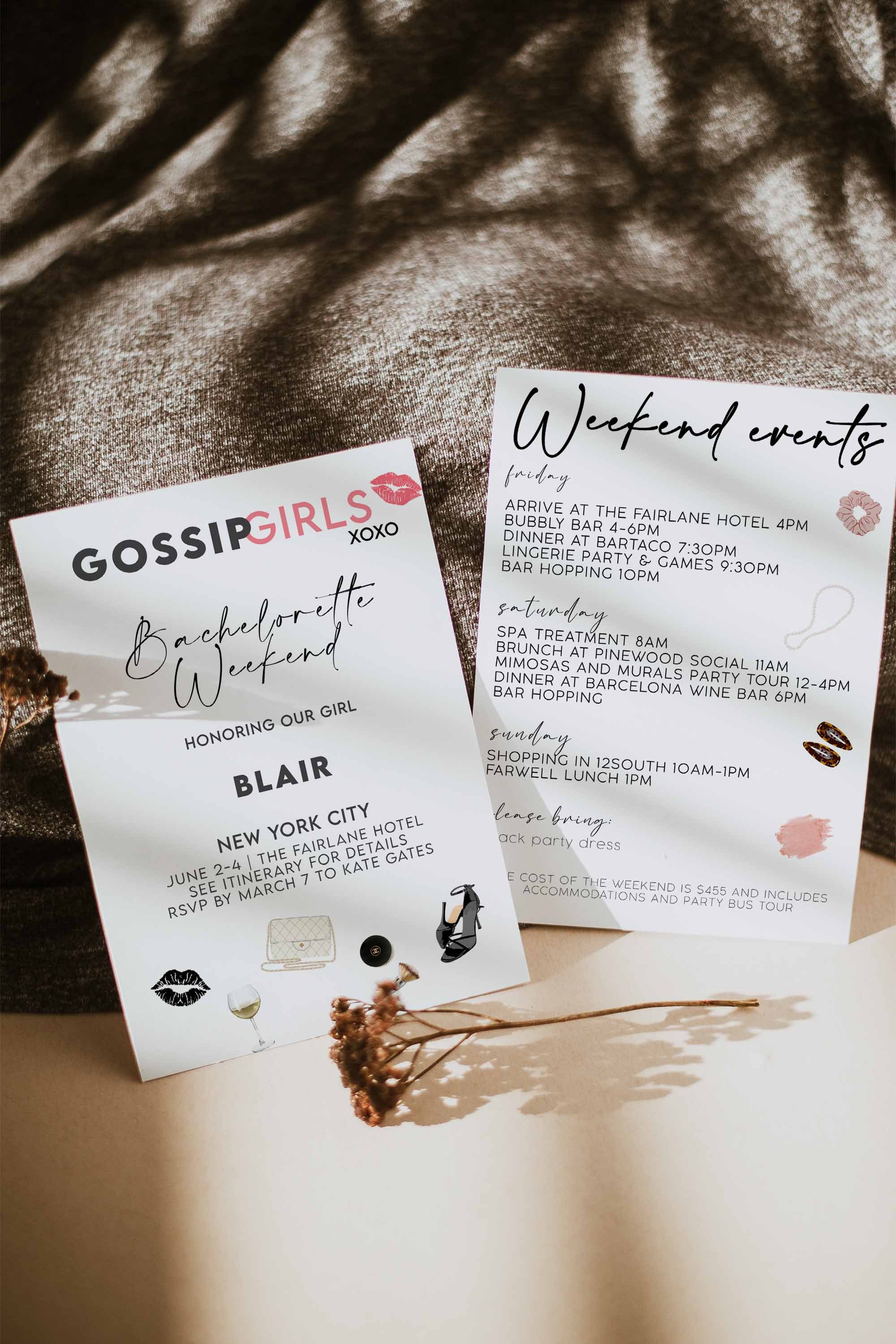 Gossip Girls City Bachelorette Itinerary Template, Bachelorette Weekend ...