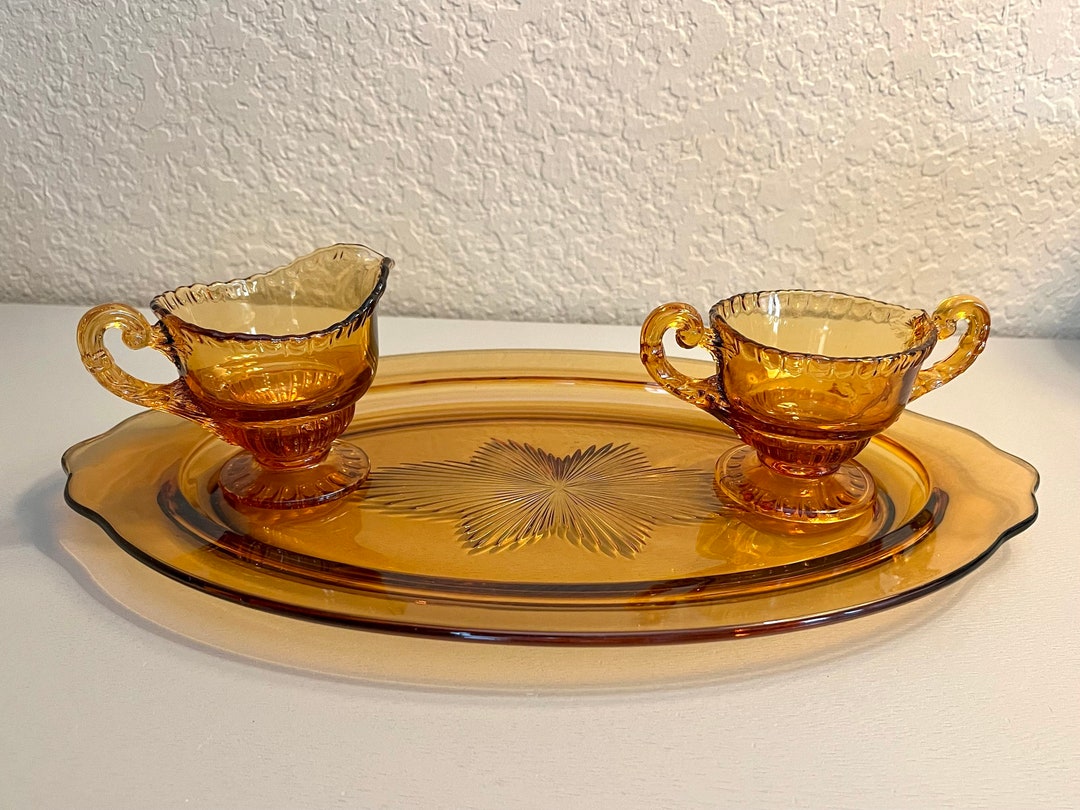 Vintage Amber Depression Glass Small Sugar Bowl and Creamer With Large ...