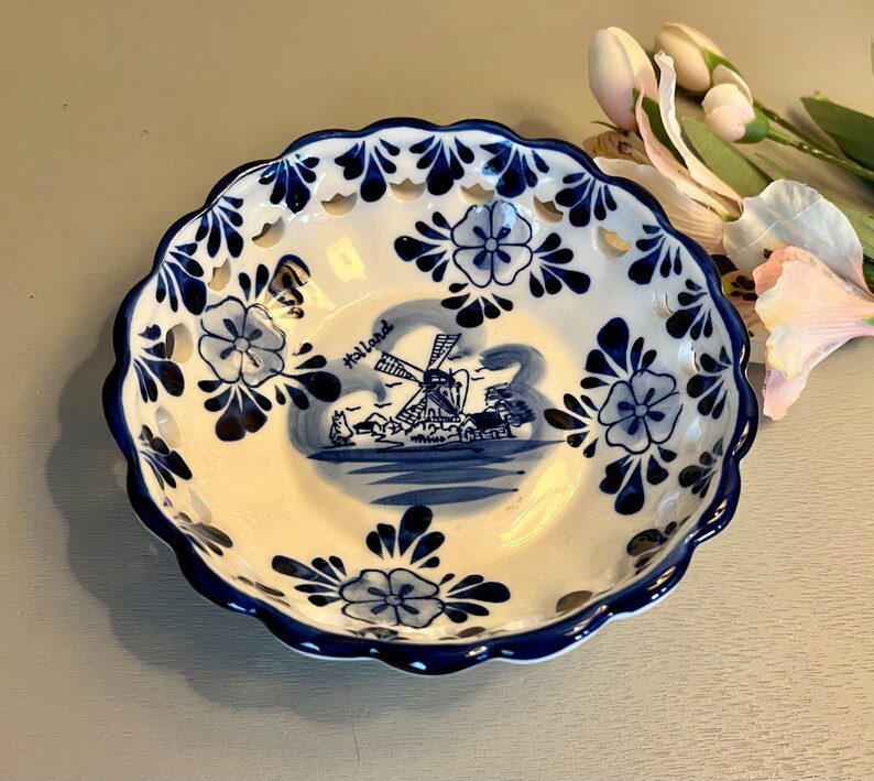 Blue Delft Deco Trinket Dish Hand Painted Holland Windmill and Cut Out ...