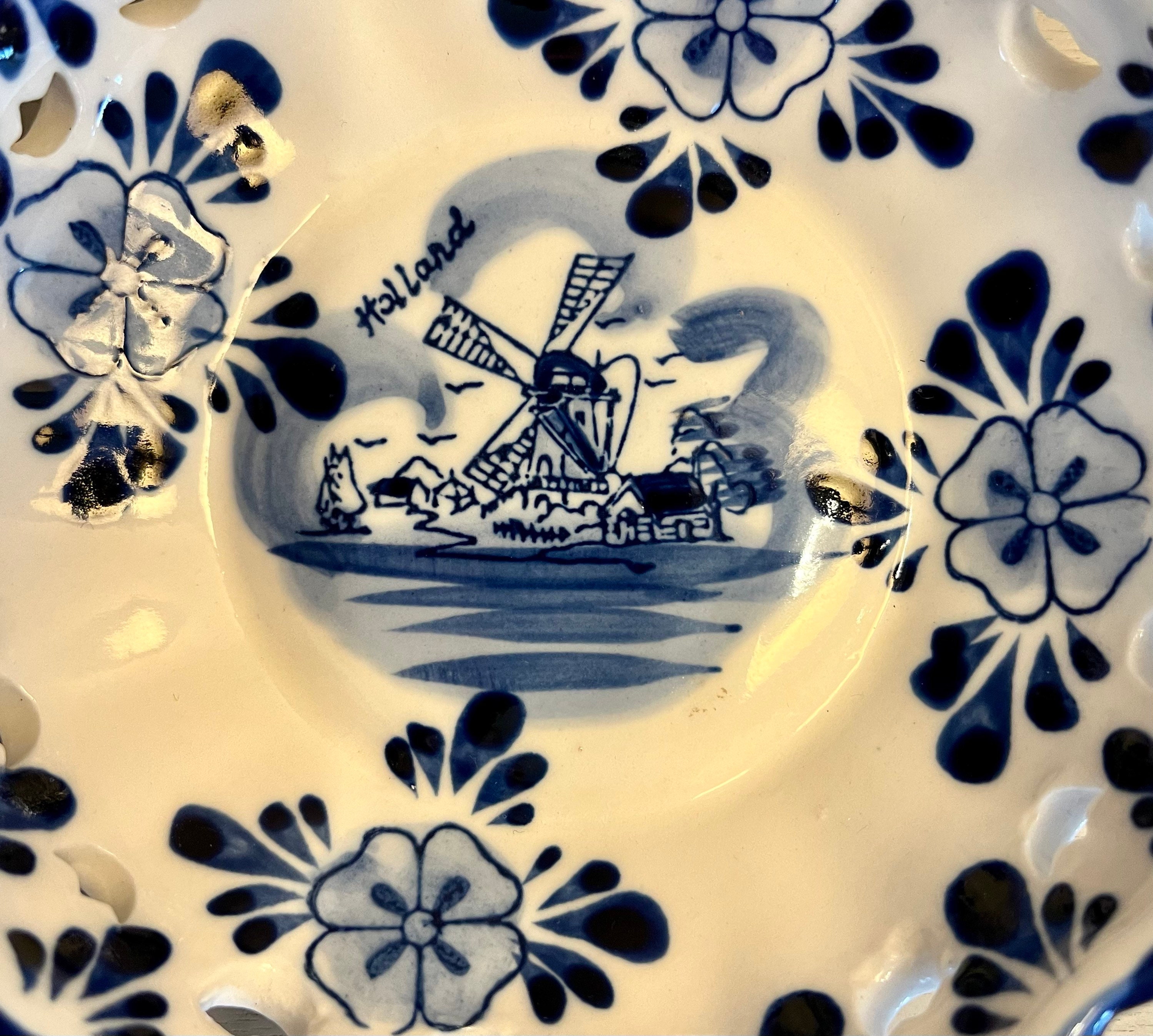 Blue Delft Deco Trinket Dish Hand Painted Holland Windmill and Cut Out ...